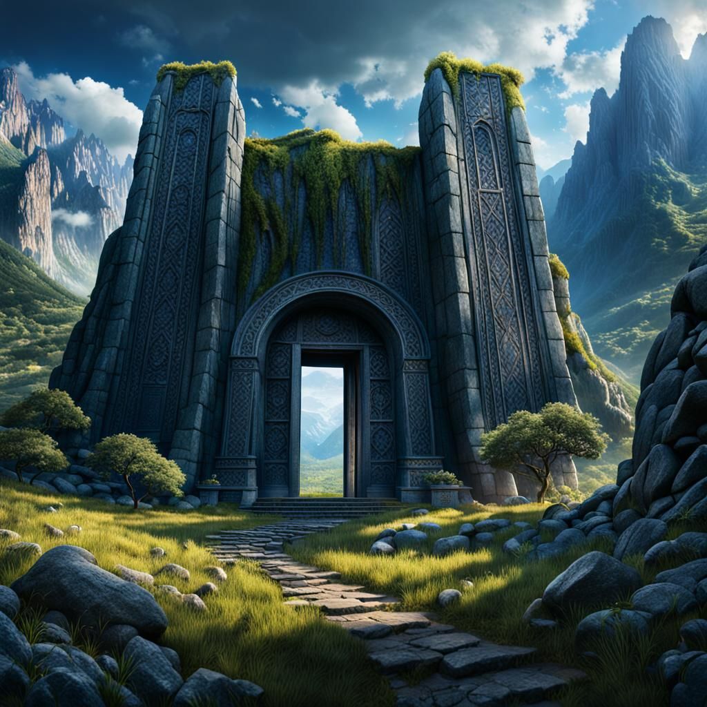 Ominous portal made of worked stone set in side of a mountain showing ...