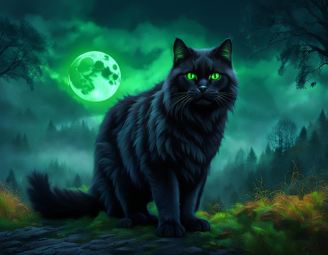 A Dark Black Big Furry Cat with evil bright green glowing eyes, foggy ...