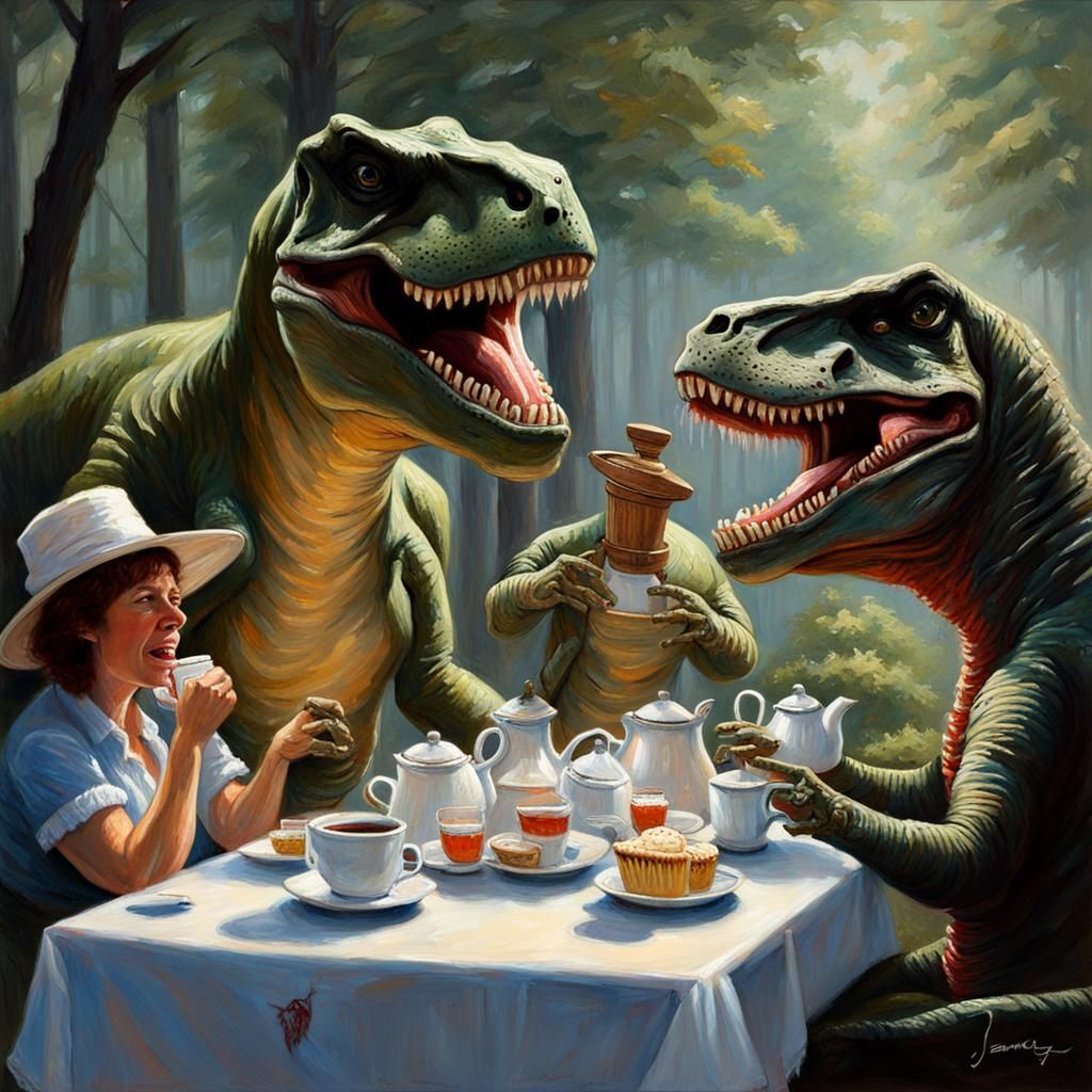 T-rex tea party - AI Generated Artwork - NightCafe Creator