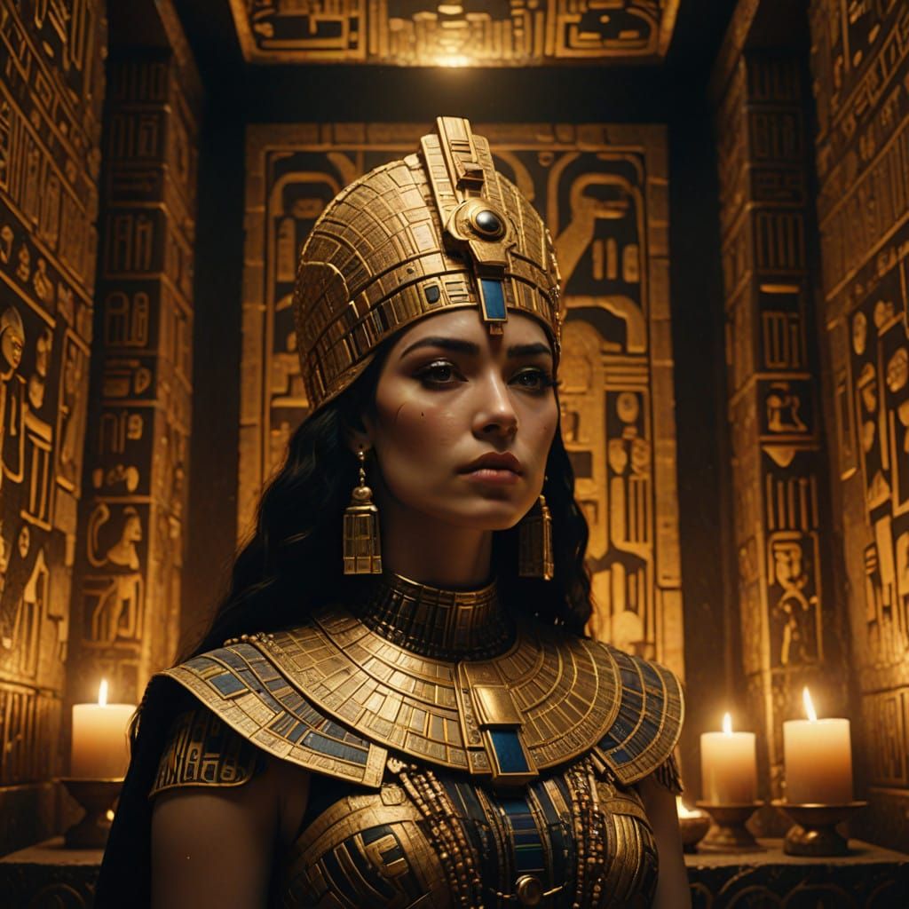 Ancient Queen Reigns in Golden Egyptian Pyramid - AI Art