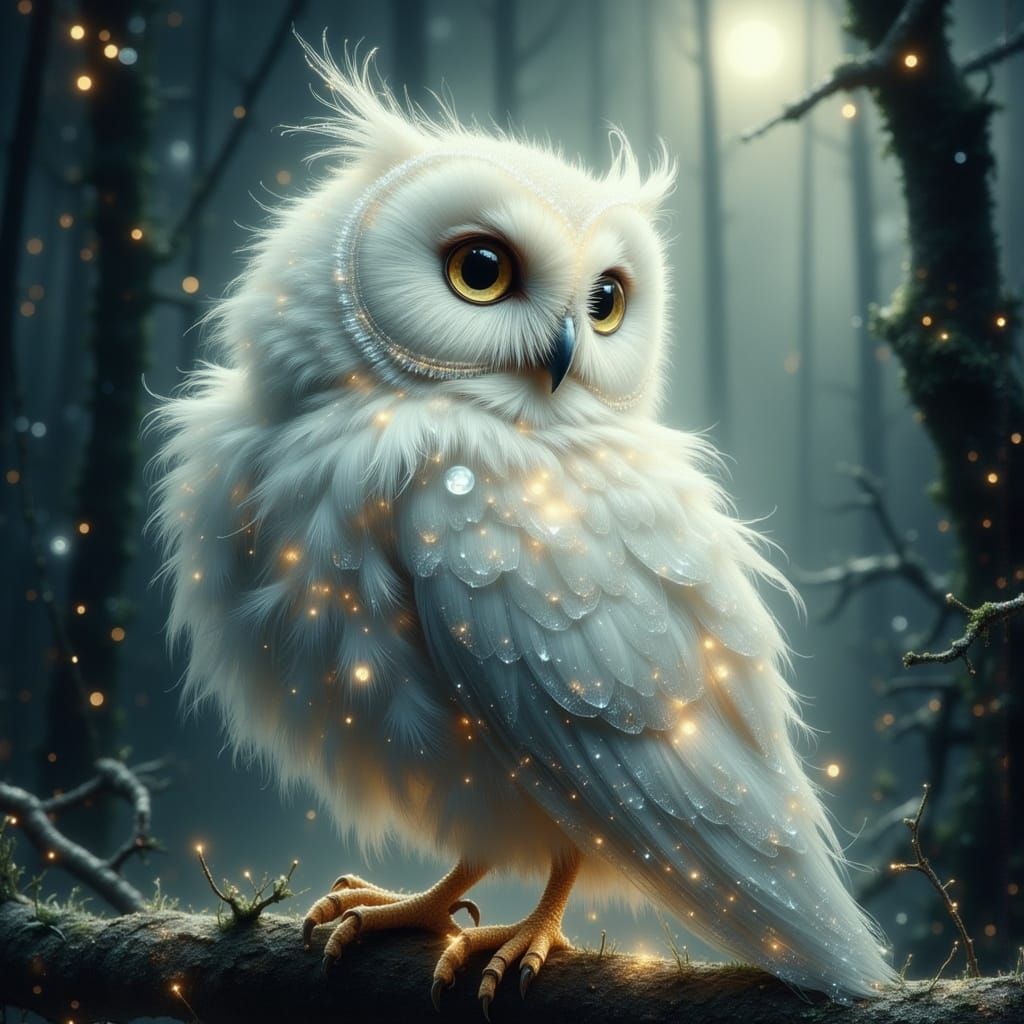 Sparkling owl - Ethereal Owl with Silver Feathers in Moonlig...