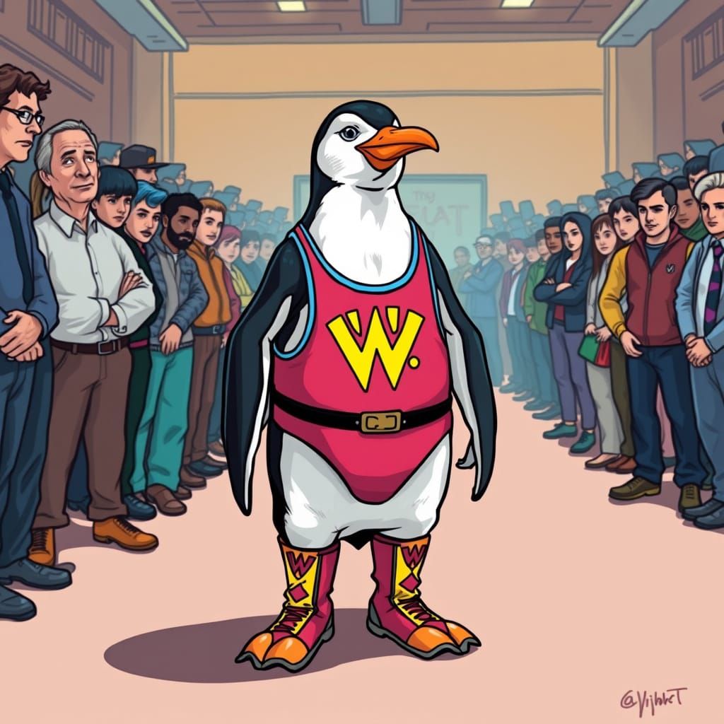 Penguin Wrestler Confidently Faces Judgemental Cro... - AI Art