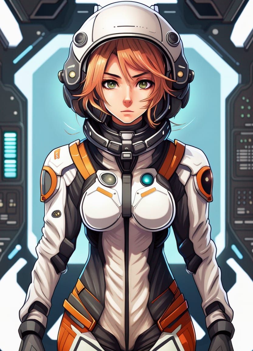 anime female sci-fi pilot, pilot suit, front facing, centered ...