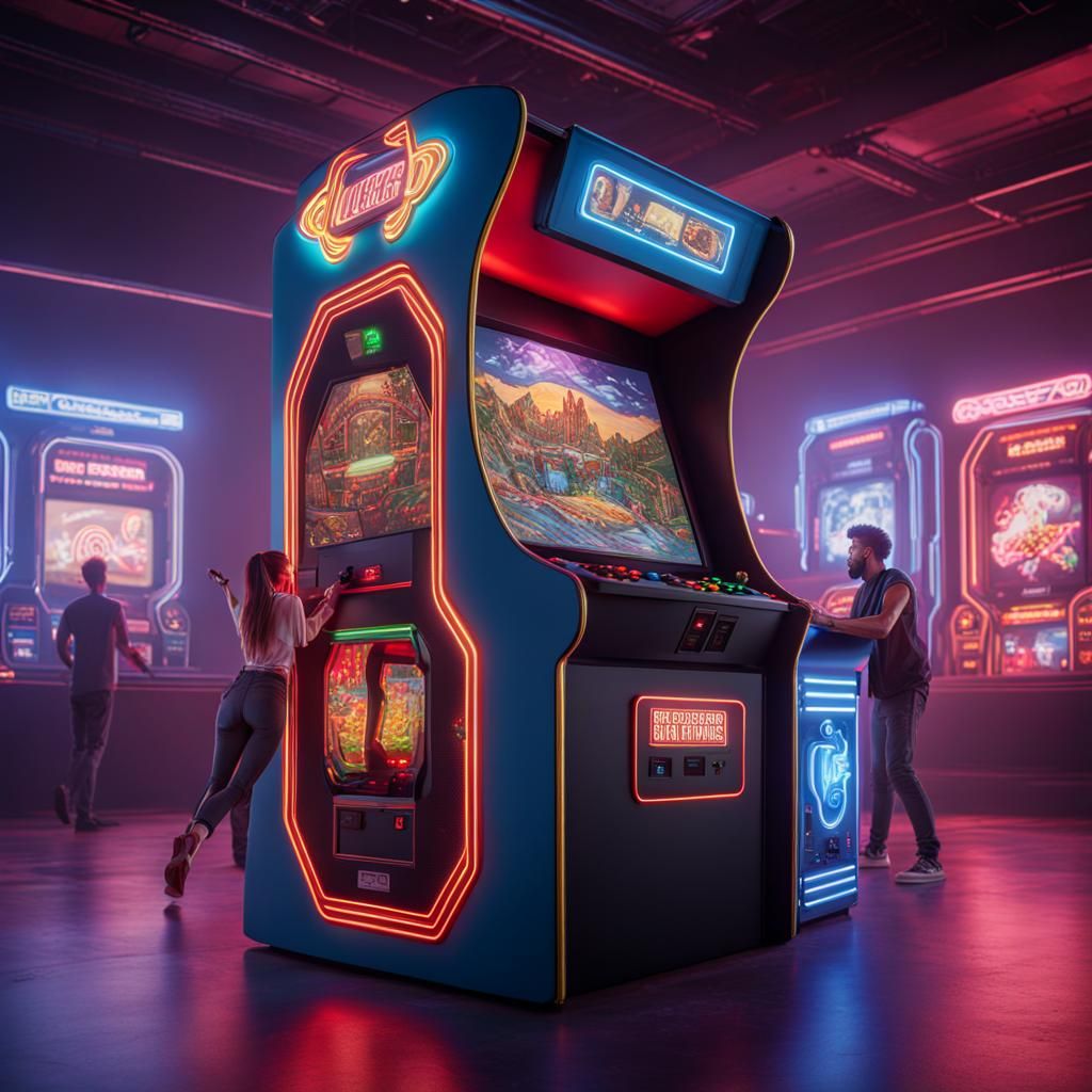 Giant-sized arcade machine with oversized game controller and human ...