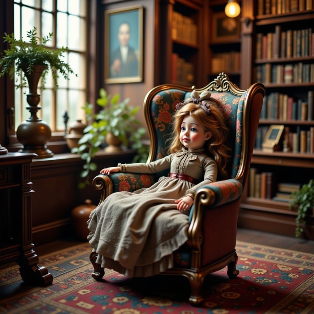 Cozy Castle Library Scene with Rag Doll - AI Art