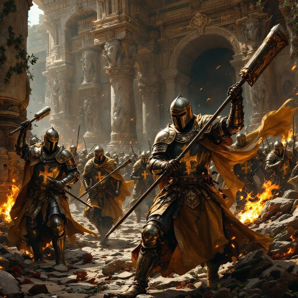 Gilded Crusaders Storm Ancient Temple in Epic Medi... - AI Art