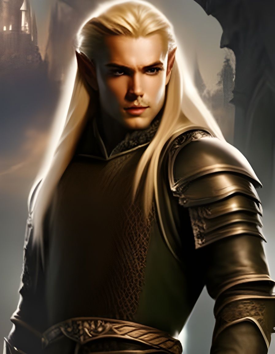 handsome young man, blond, long hair, elf, fantasy detailed ancient castle, poster art filmic ...