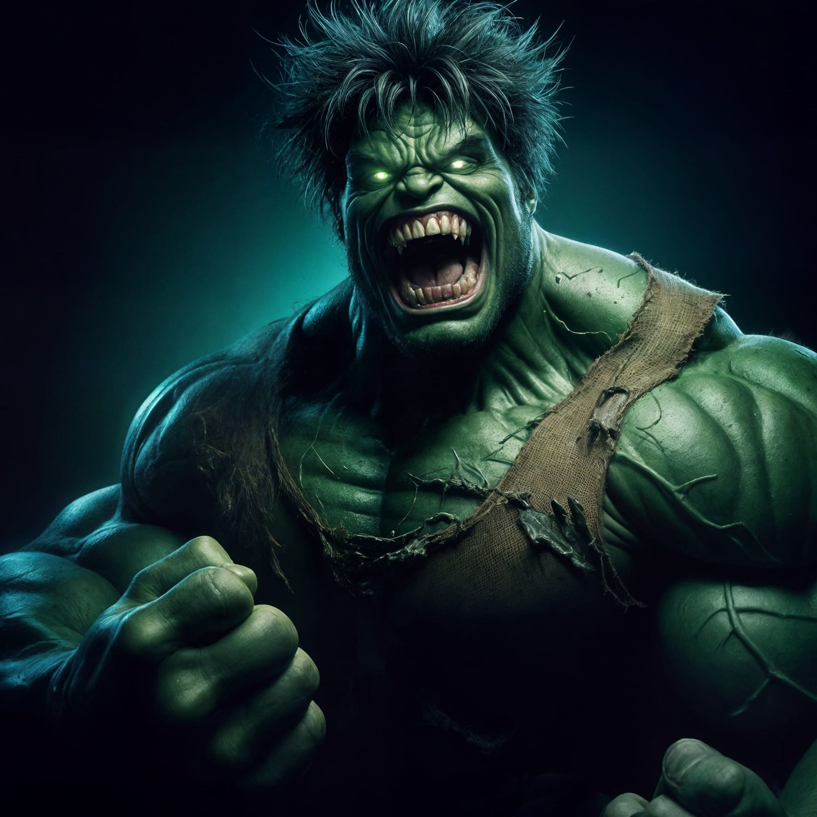 Muscular Hulk Smiles in Darkened Scene - AI Art