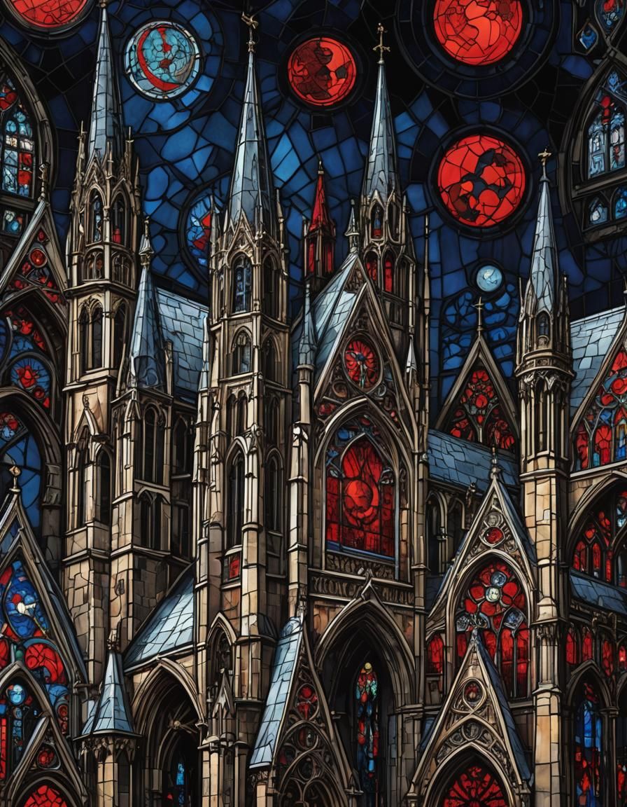 dark gothic blood moon vampire cathedral evil clergy stained glass - AI ...