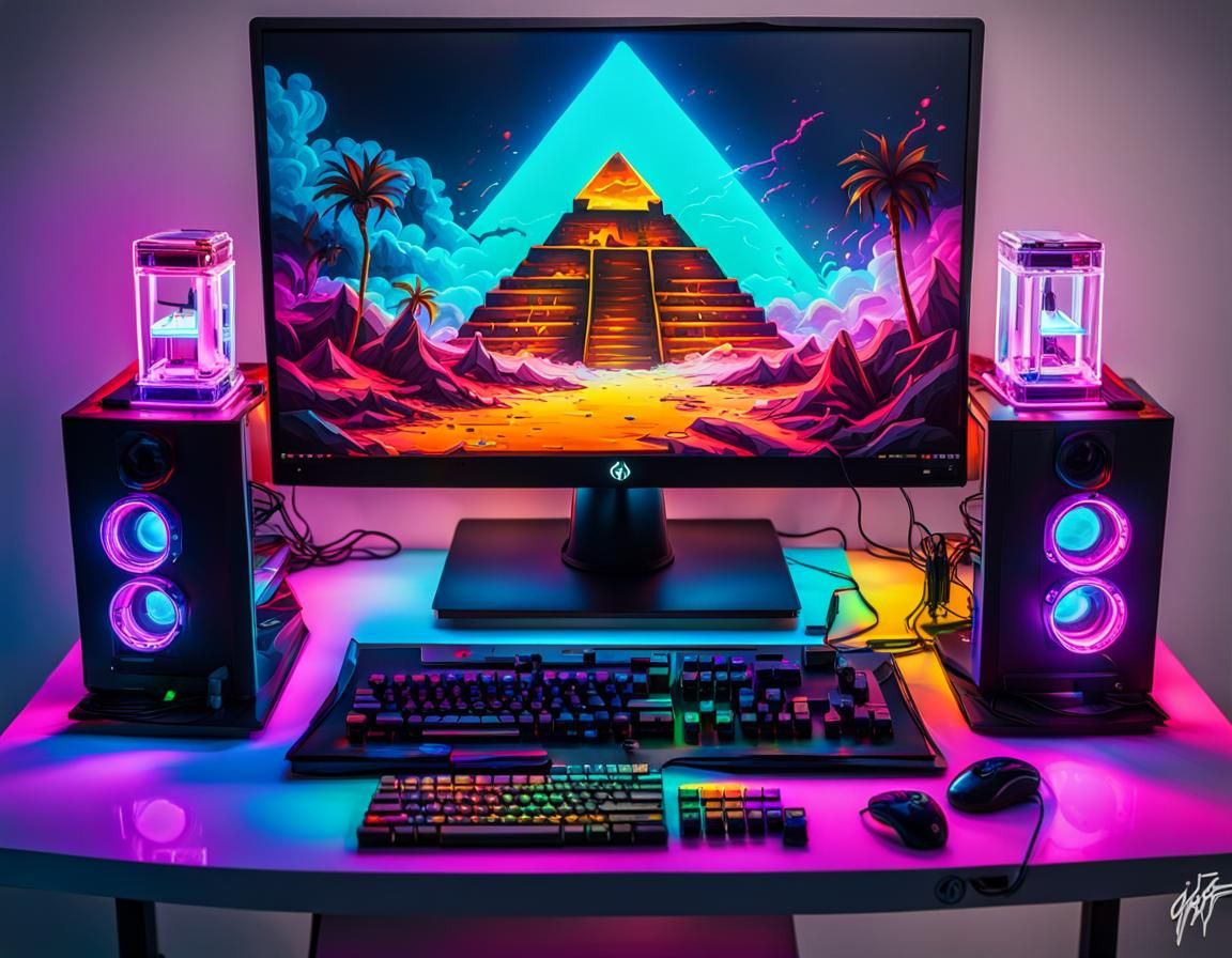 Gaming PC setup tower shaped like a pyramid with neon glow coolant ...