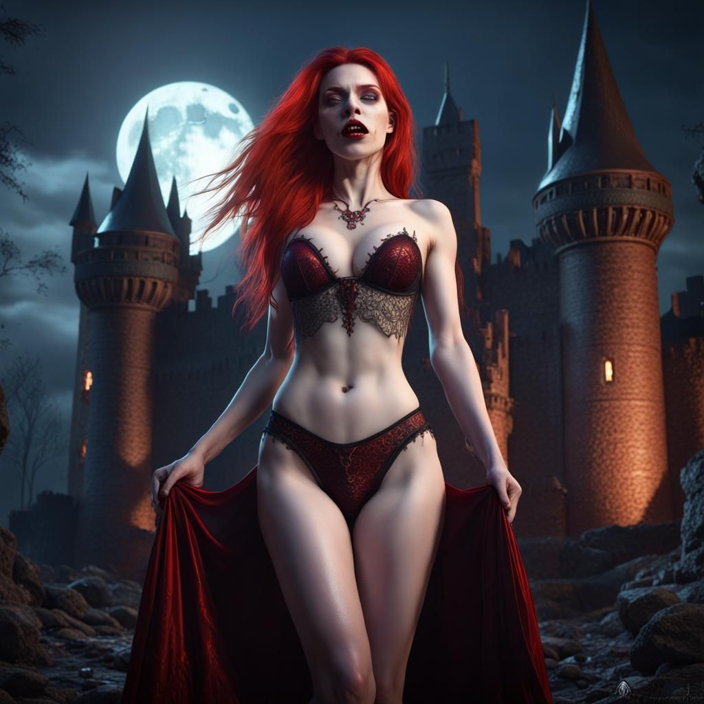 vampire queen, fangs bared , red head, shimmering see through underwear, beautiful full body ...