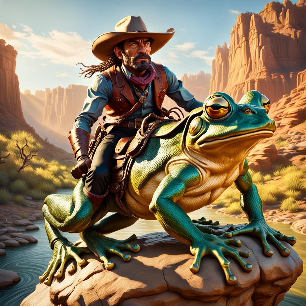 cowboy riding high on a leaping frog, intricate entangled detail Octane ...