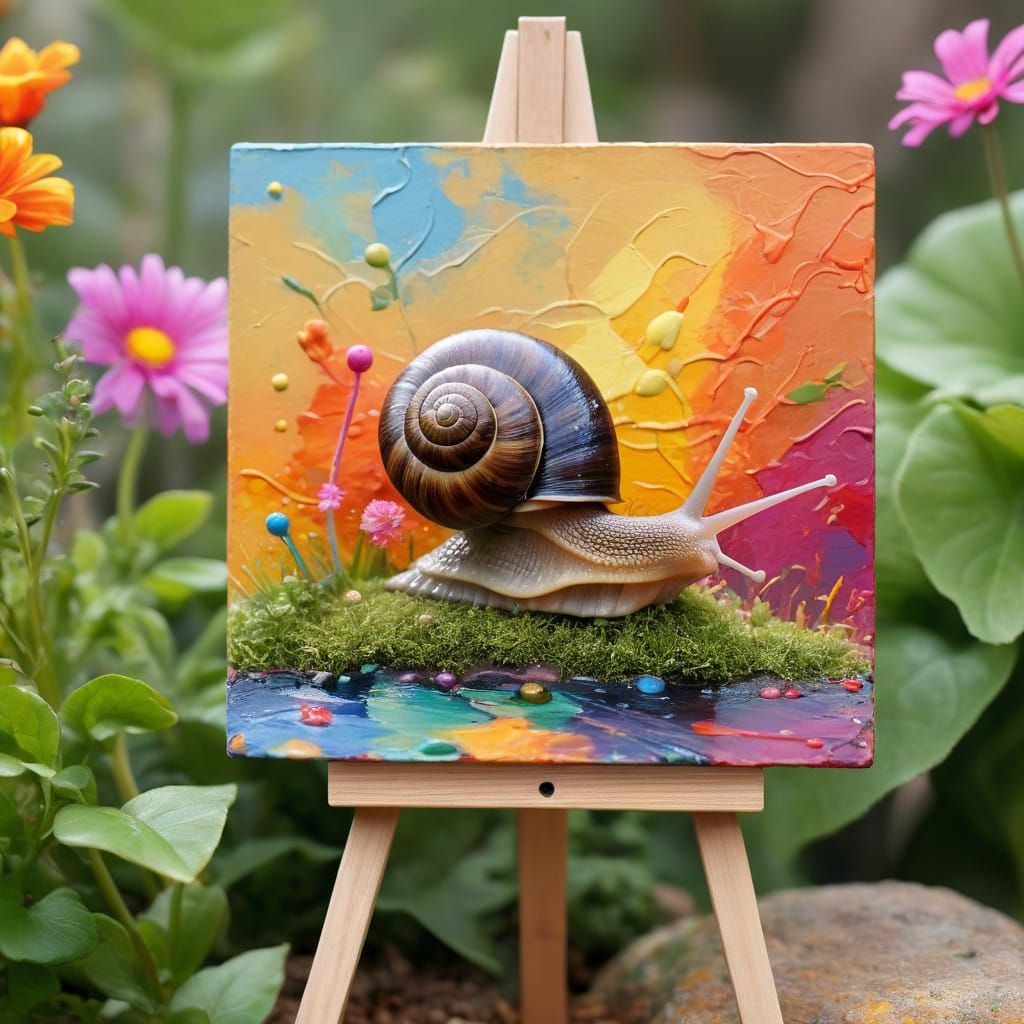 a snail - Whimsical Garden Scene with Snail and Abstract Pai...