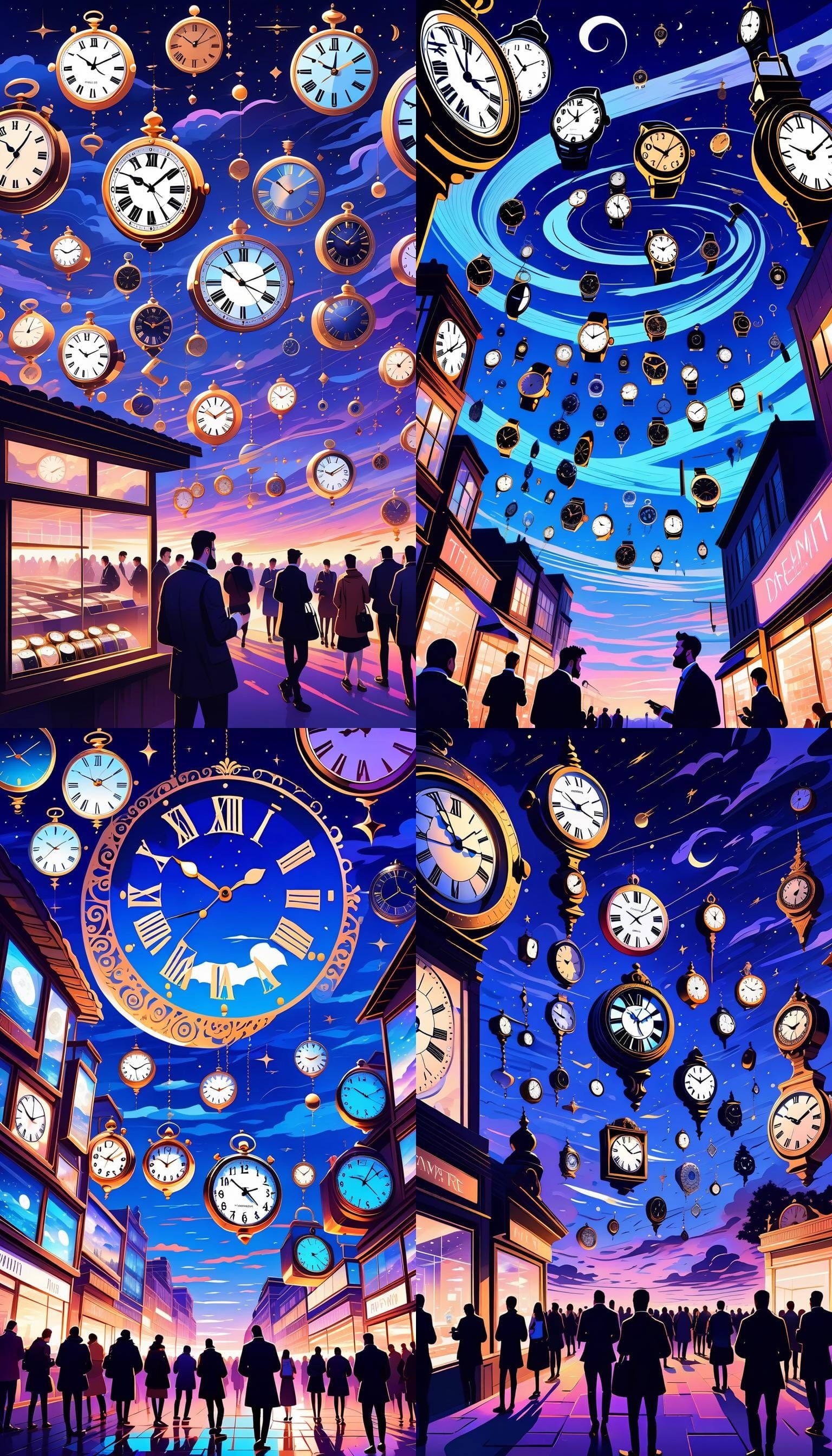 various clocks swirling in twilight sky as people look at watches or ...