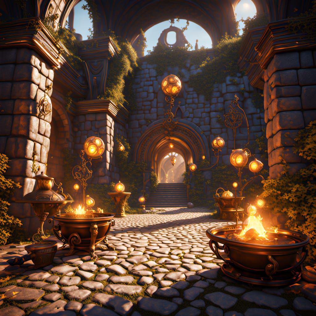 A Steampunk Stone Castle in Ruin And being explored by A Mysterious ...