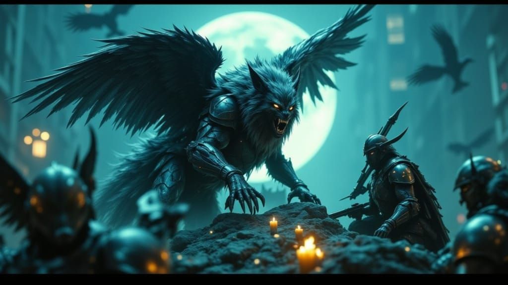 a dramatic scene featuring a large, menacing werewolf with glowing eyes ...