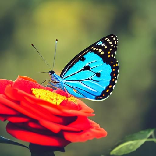 multicolor blue green gold orange giant Butterfly over big red rose ...