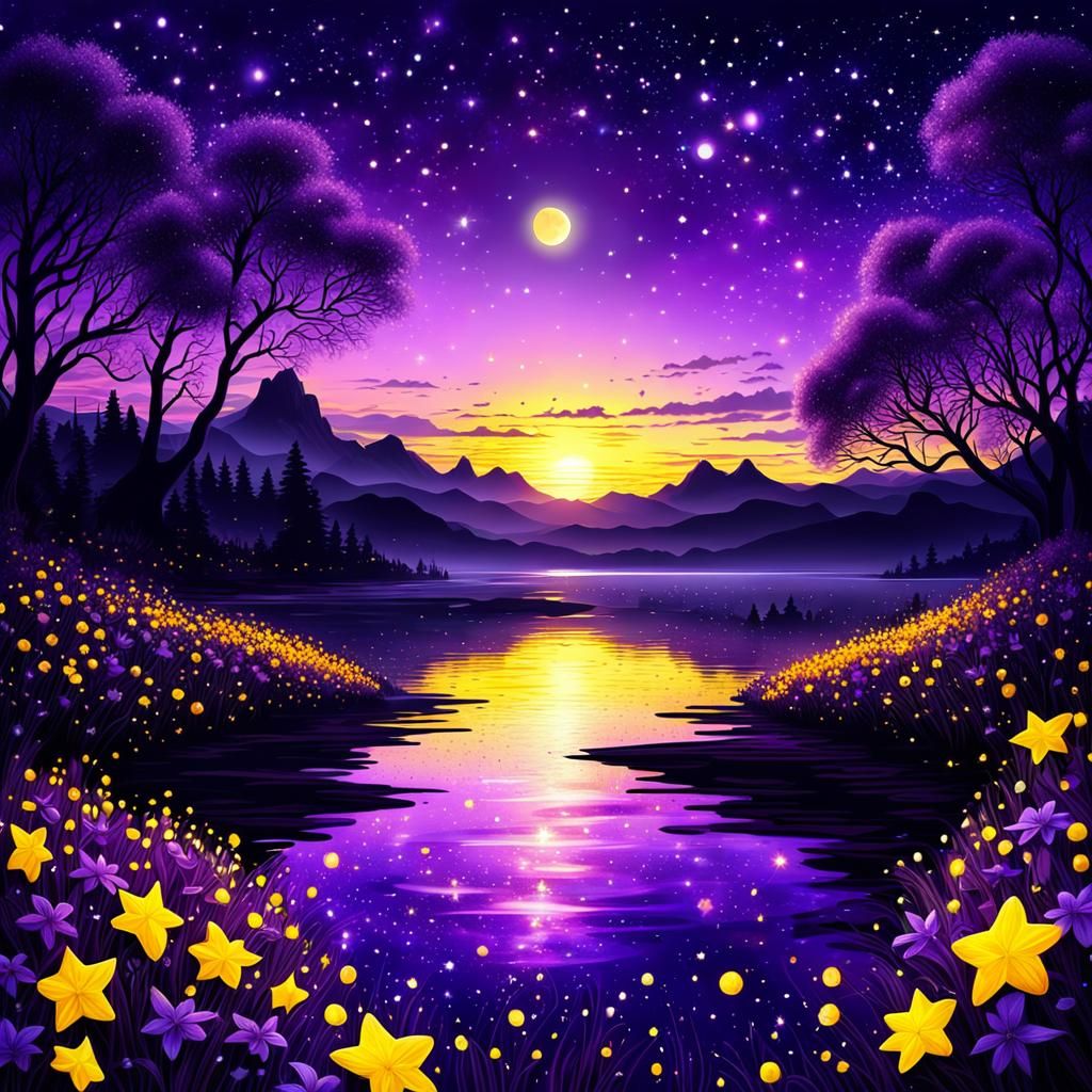 Starry night - Vibrant Purple and Yellow Sunset Under Starry...