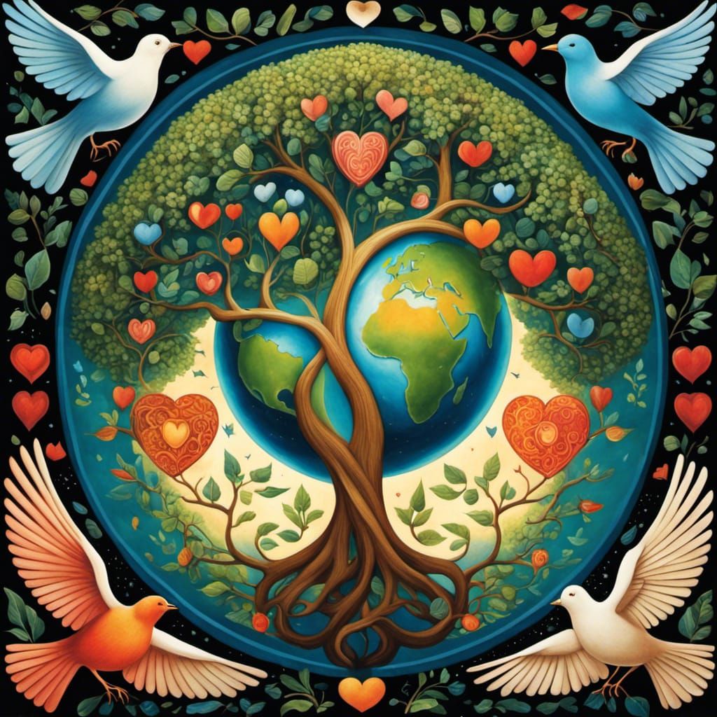 Vibrant peaceful Tree of life in shape of the planet earth with a ...