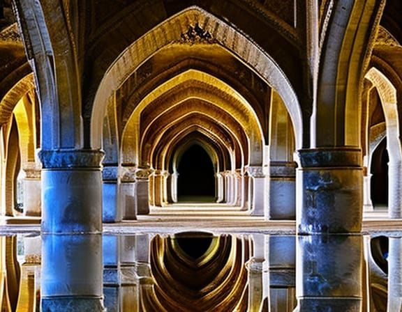 Underground cistern gothic_arab arches, a vaulted ceiling, many colors ...