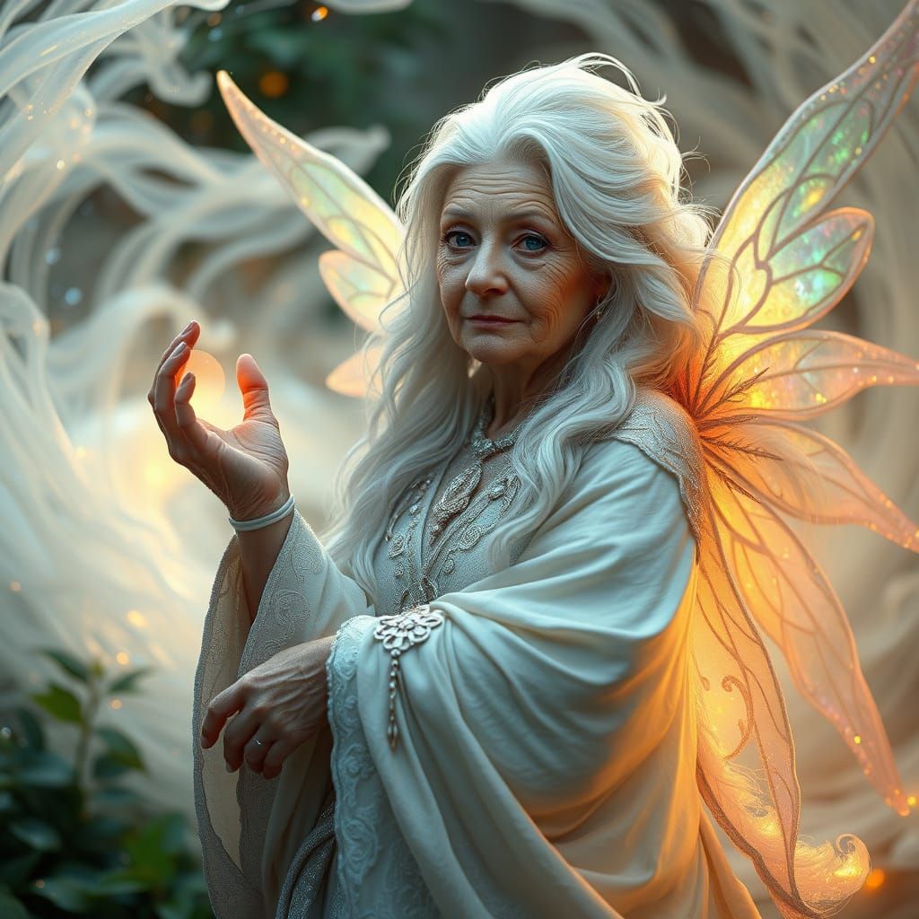 Fairy grow older - Ethereal Elderly Fairy in Iridescent Mist