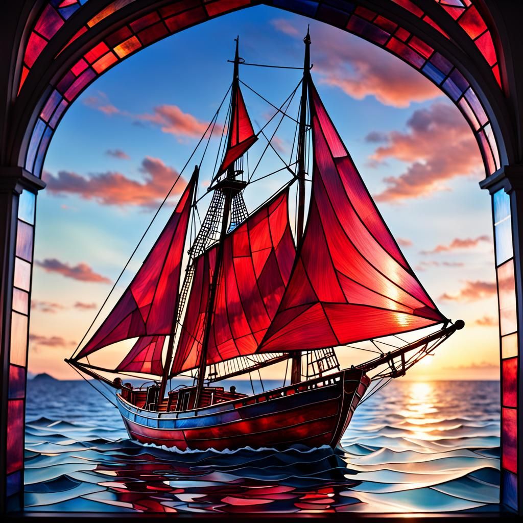 A stained glass sailing boat with red sails - AI Generated Artwork ...