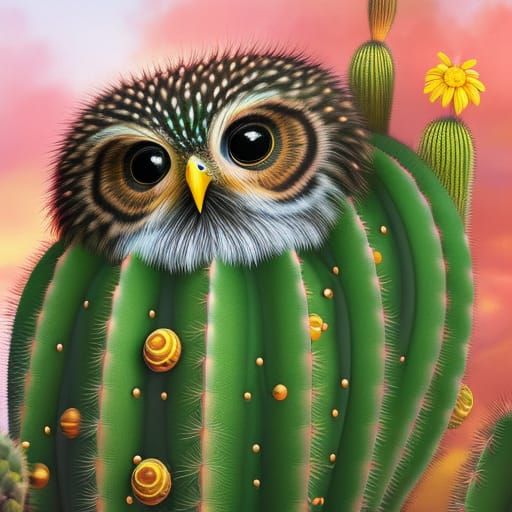 A cute Pygmy owl sitting in the side of a tall cactus. cactus flowers ...