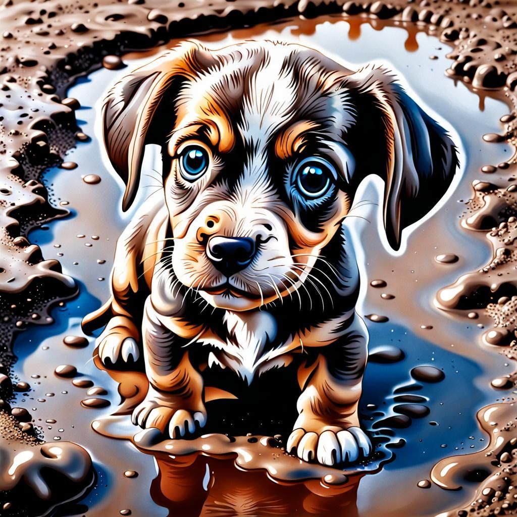 puppy in a mud puddle - AI Generated Artwork - NightCafe Creator