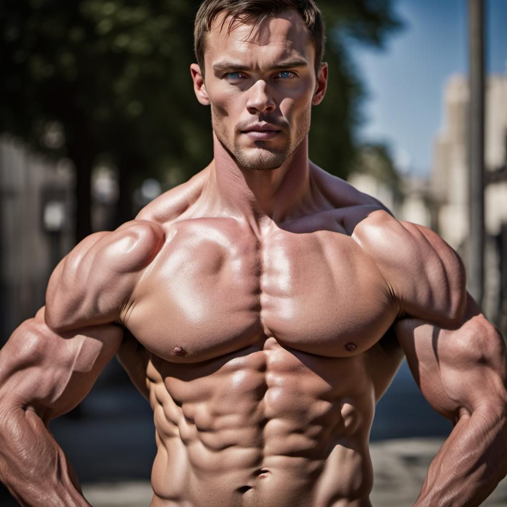 Nicholas Hoult, as a vascular & muscular bodybuilder, flexing outside ...