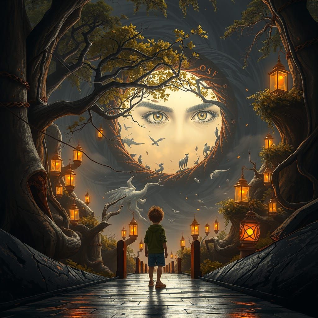 Mystical Boy Stands at Threshold of Ancient Forest... - AI Art