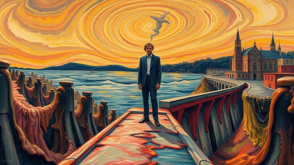 A surreal oil painting in the style of Edward Munch and James Gurney ...