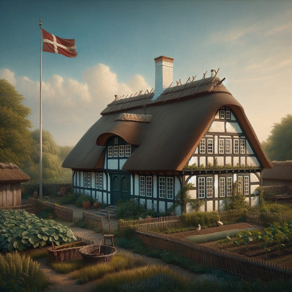 Danish Farmhouse in a Verdant Garden - AI Art