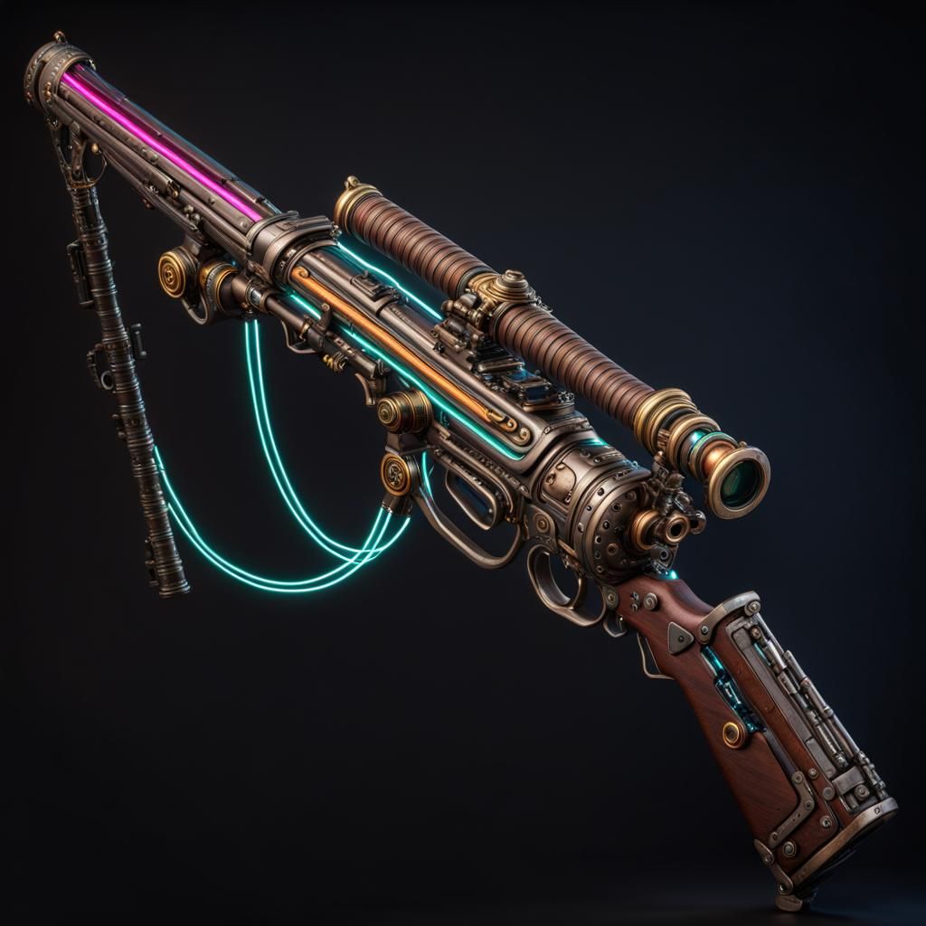 Steampunk style musket with small cyberpunk attachments and neon lines ...