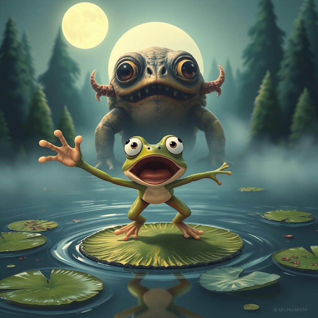 Pond - Startled Frog and Chibi Cthulhu in Moonlit Pond