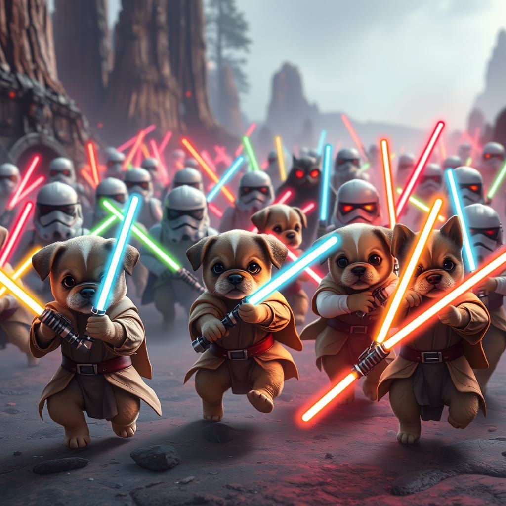 Cute Puppies Battle Stormtrooper Cats in Epic Ligh... - AI Art