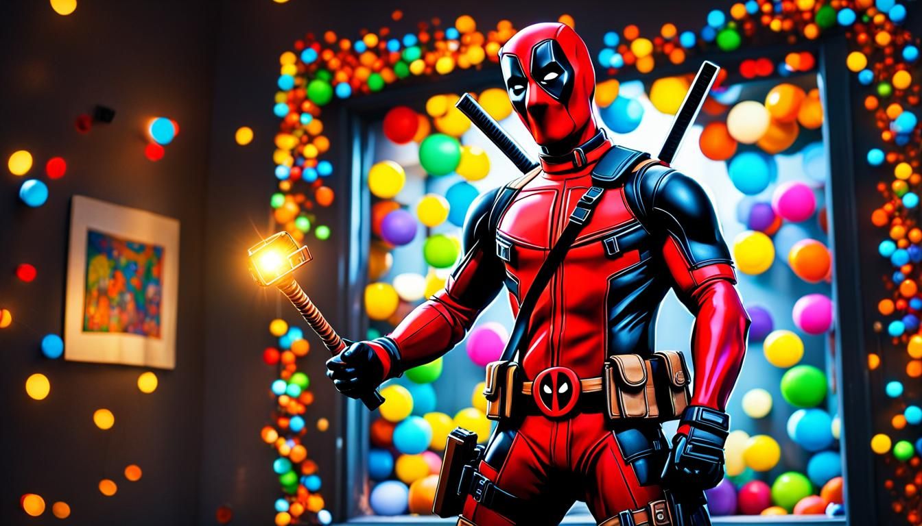 cheerful, sarcastic, colorful, smirking, amber eyes, deadpool jumping ...