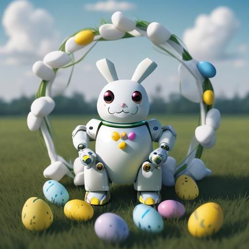 rococo style, easter bunny robot with bow around the neck, surrounded ...
