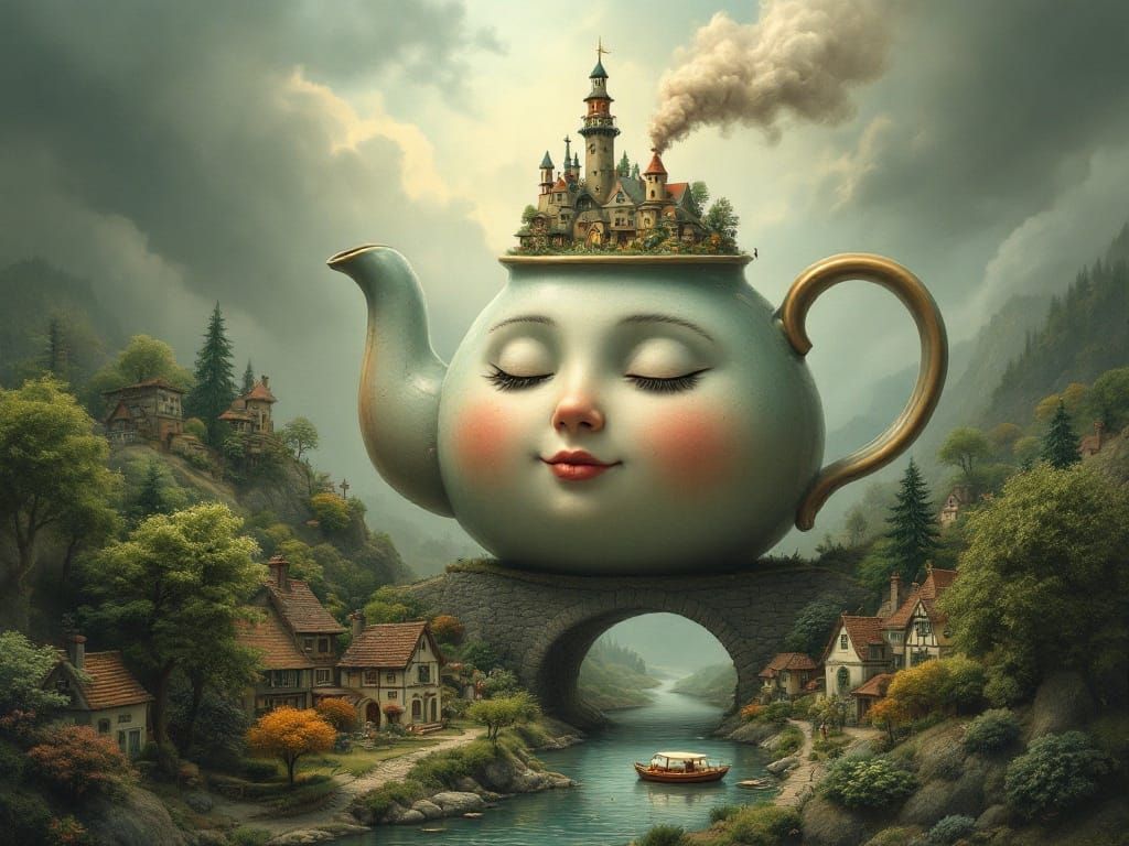 Surrealistic Teapot Gateway to Whimsical Miniature... - AI Art