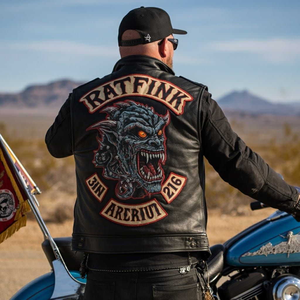 Motorcycle Gang Member with Ratfink Jacket in Dese... - AI Art