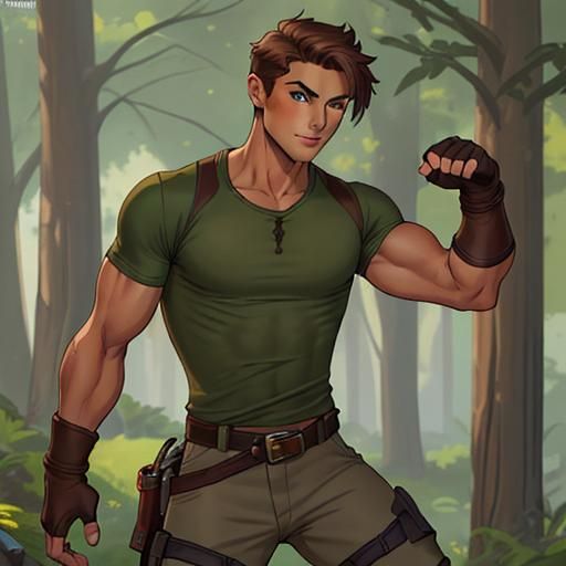 Male adventurer, in his early 20s, athletic, tan skin, short bronze ...