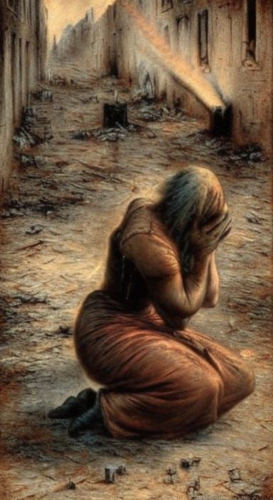 A woman kneeling and crying in the street with burnt out buildings ...