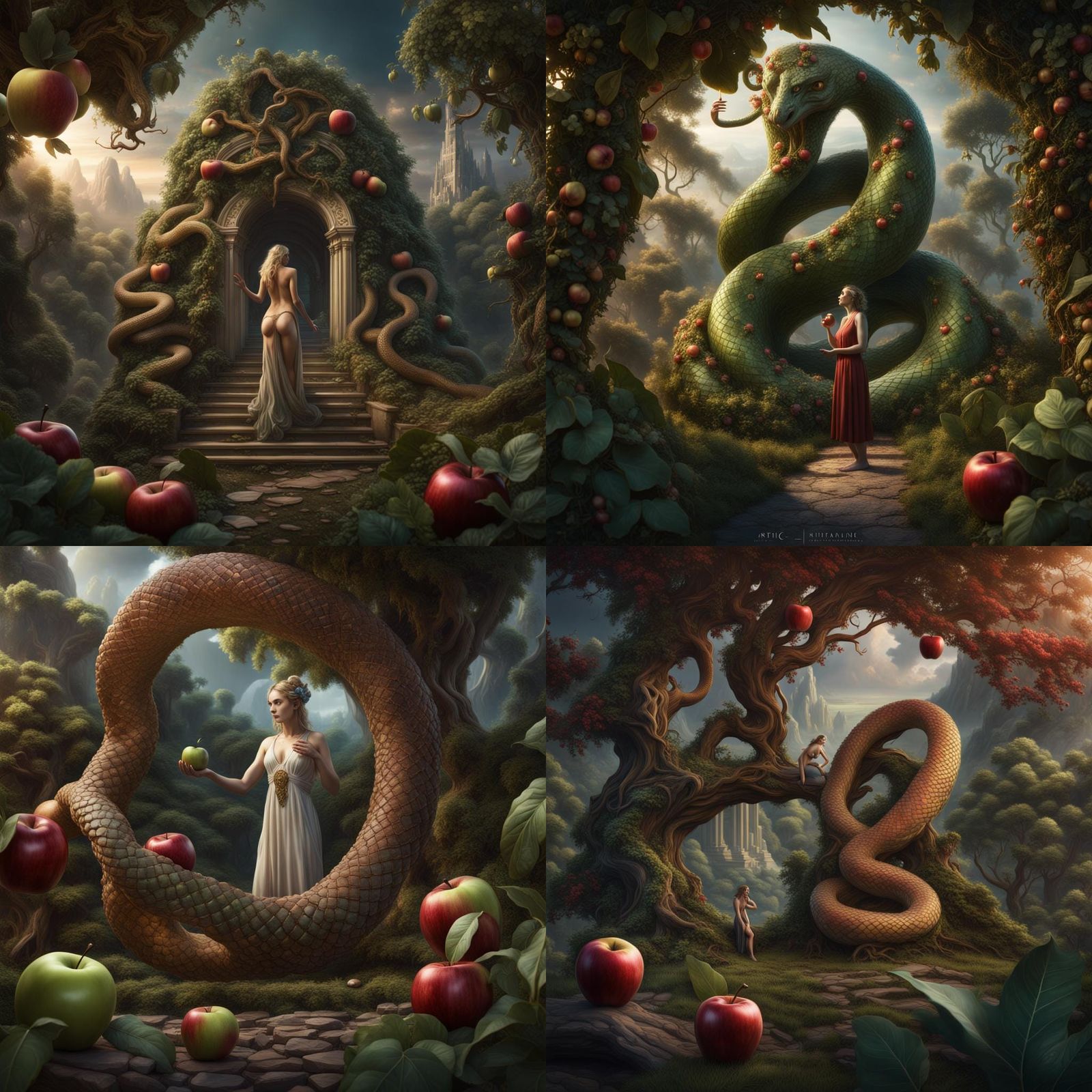 The serpent giving Eve the apple of knowledge in the garden of Eden ...