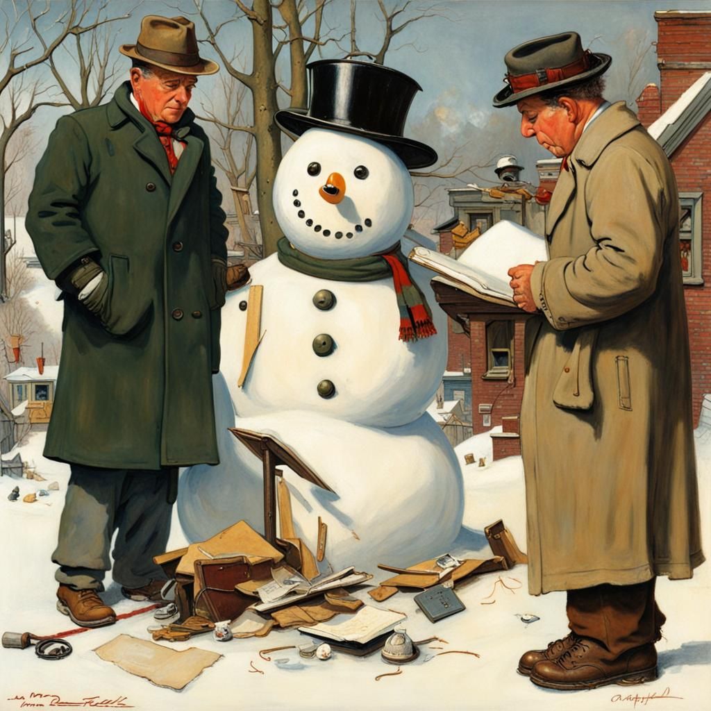 snowman detective taking notes at scene of sled crash - AI Generated ...