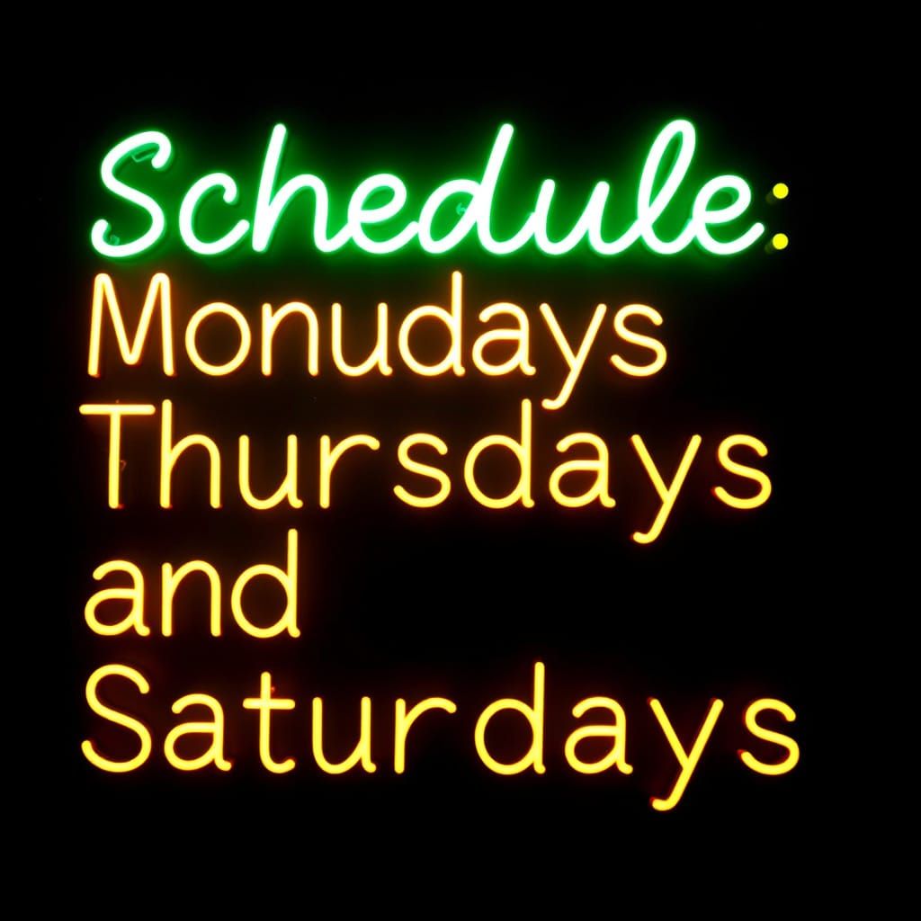 Neon Sign Announcing Schedule: Mondays, Thursdays,... - AI Art