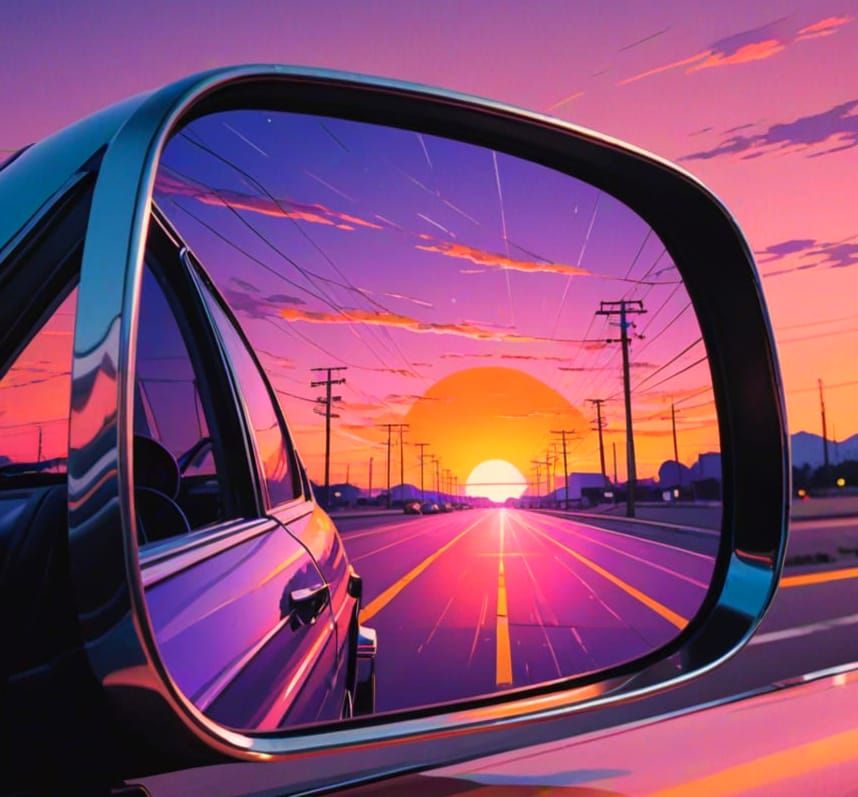 Vibrant Sunset Reflected in Retro Rearview Mirror - AI Art