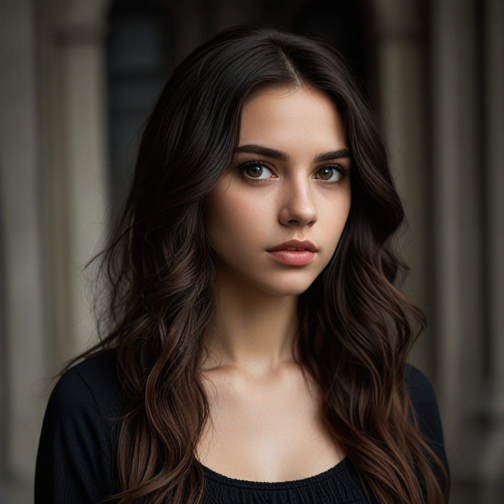 Realistic Gothic-child, long, dark brown hair that falls in loose waves ...