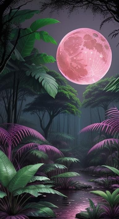 pink moon, magic forest fantasy, center of jungle, magic atmosphere ...