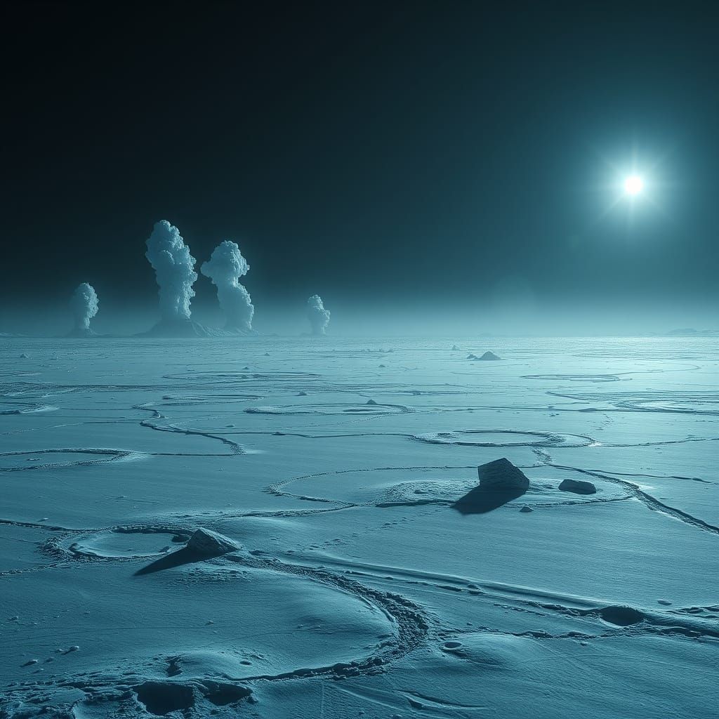 Ethereal Frostworld with Icy Geysers and Forgotten... - AI Art
