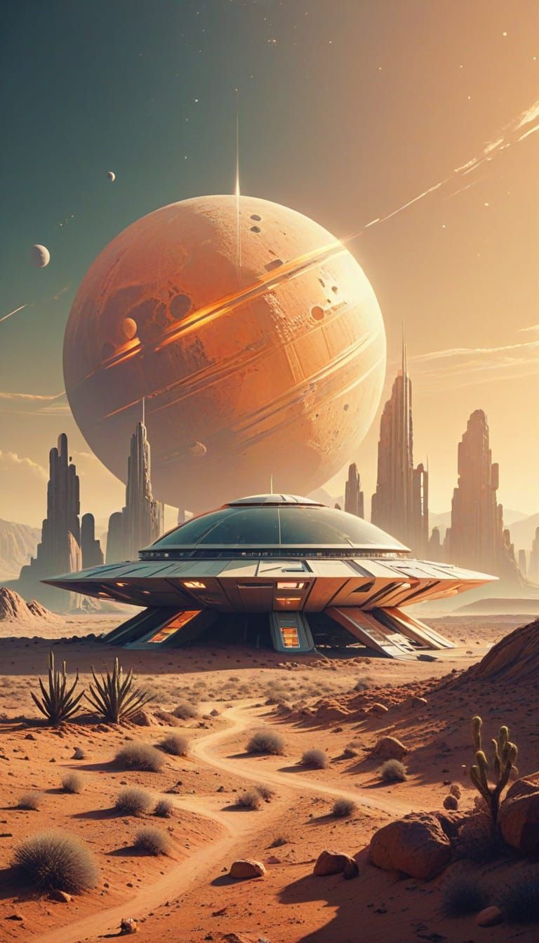 Retro-futurism, surreal landscape, analog sci-fi aesthetic, 1970s color