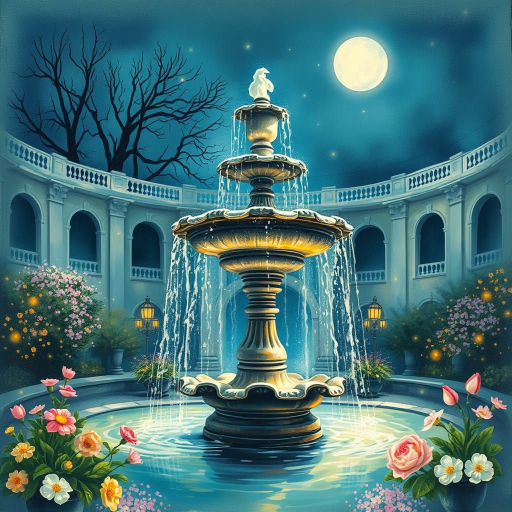 Moonlit Courtyard Fountain in Impressionistic Wate... - AI Art